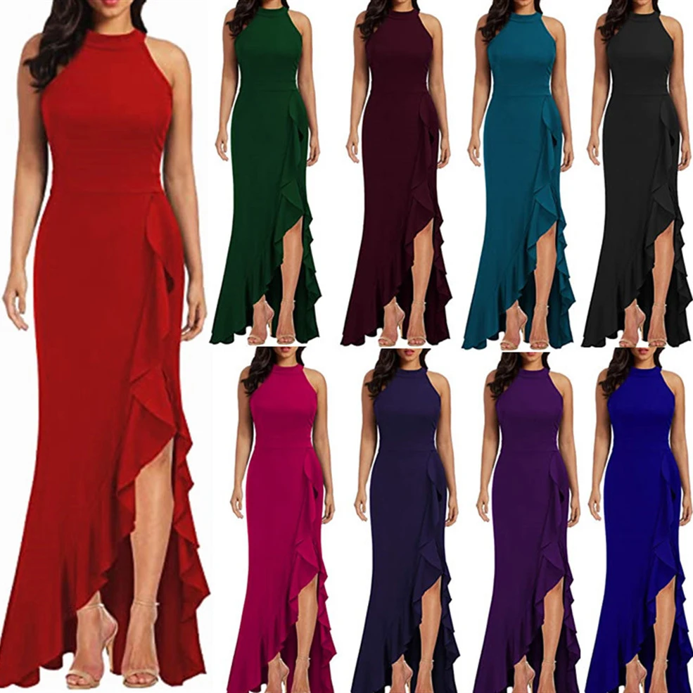 Women-s-High-Neck-Split-Solid-Color-Sleeveless-Bodycon-Mermaid-Evening ...