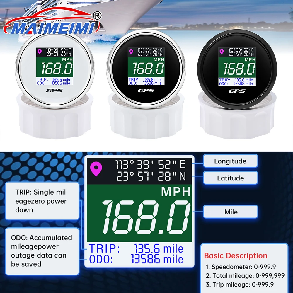 12V 24V TFT Screen Trip ODO adjust Mph Knot Km/h GPS Speedometer ...