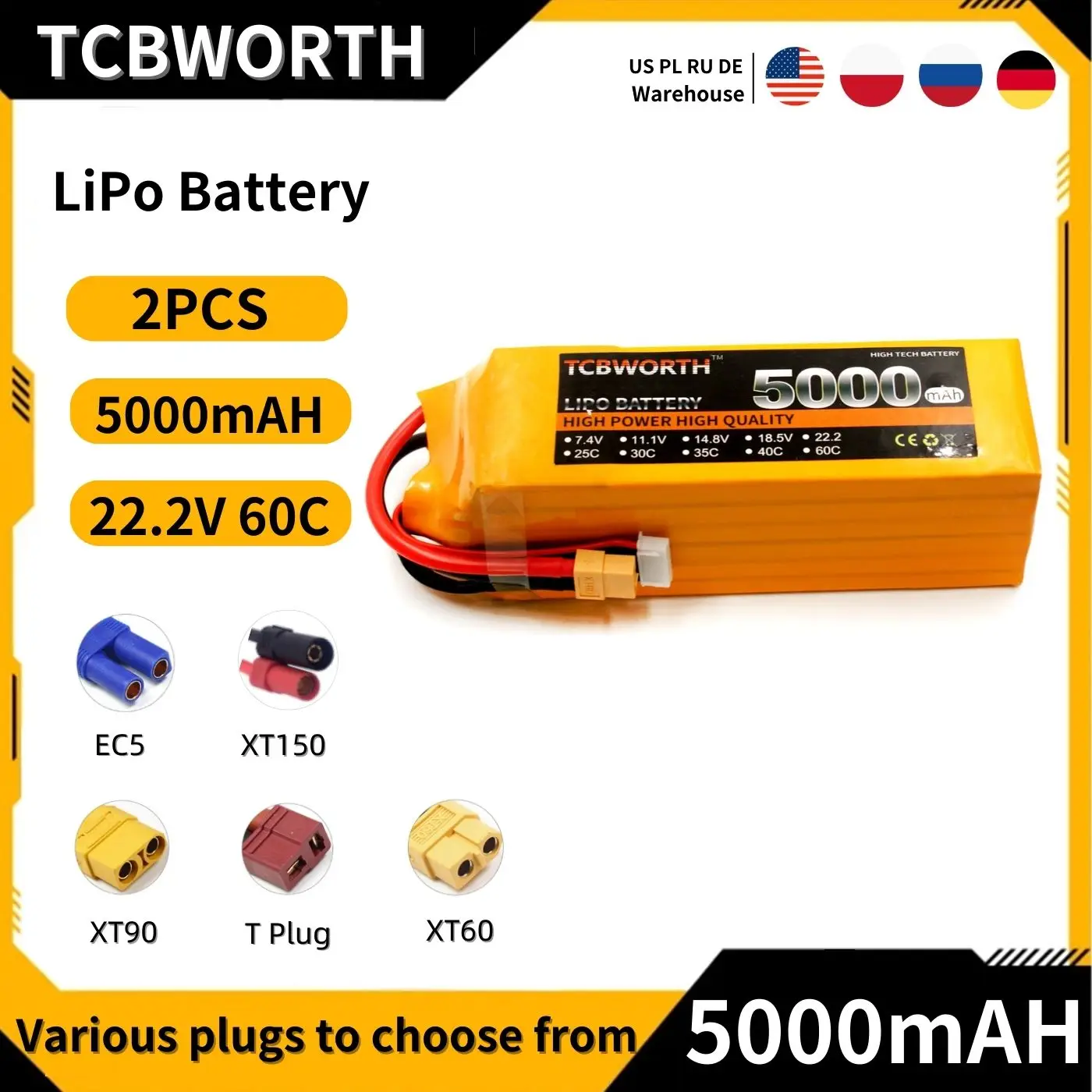 TCBWORTH 5000mah Lipo Battery 6S 22.2V RC Rechargeable Batteries XT60 XT90 XT150 T Plug For RC ...