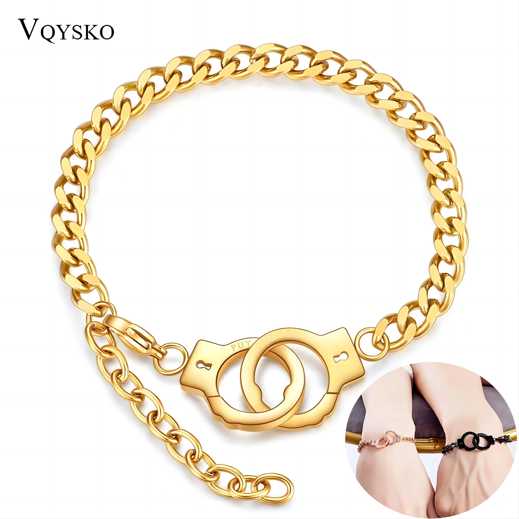 VQYSKO Simple all-in-one stainless steel couples fashion handcuff ...