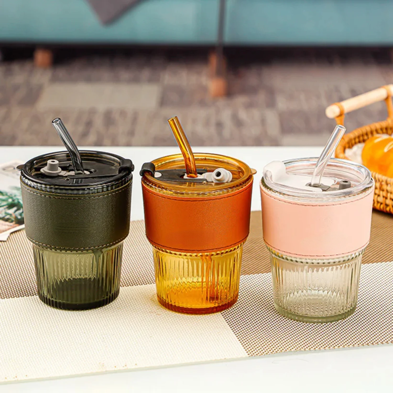 400ml-Coffee-Glass-Cups-Stripe-Glass-Cup-With-Lid-And-Straw-Milk-Juice ...