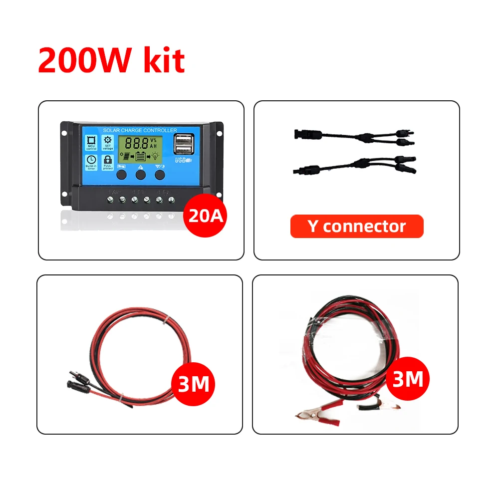 태양 전지 패널 시스템, 태양 전지 충전 컨트롤러, 3M 태양 전지 연장 케이블, 3M 배터리 케이블, 100W, 200W, 300W, 12V 연결, 20A ...