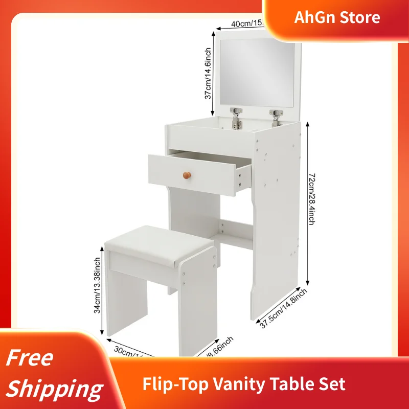 Flip-Top Vanity Table Set with Hidden Mirror & Drawer, Modern White and ...