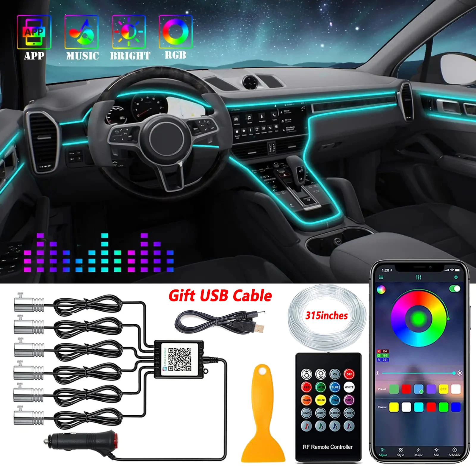 LED Car Interior Light Decorative Ambient Lamp RGB Optic Fiber Strip ...