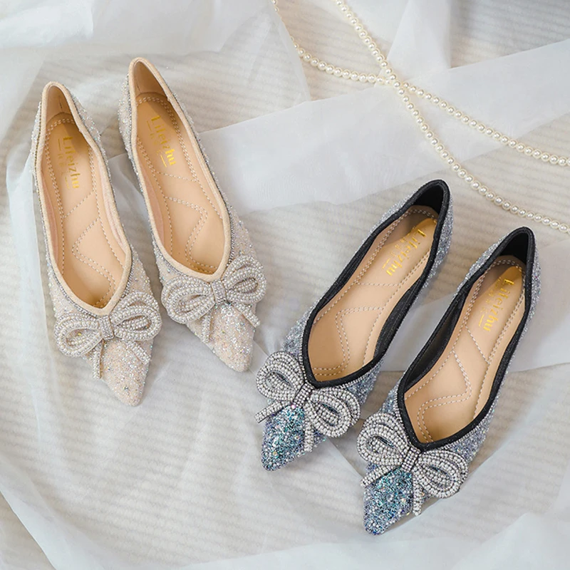 Pearl Beading Bow flats women brand colorfur glitter moccasins female ...