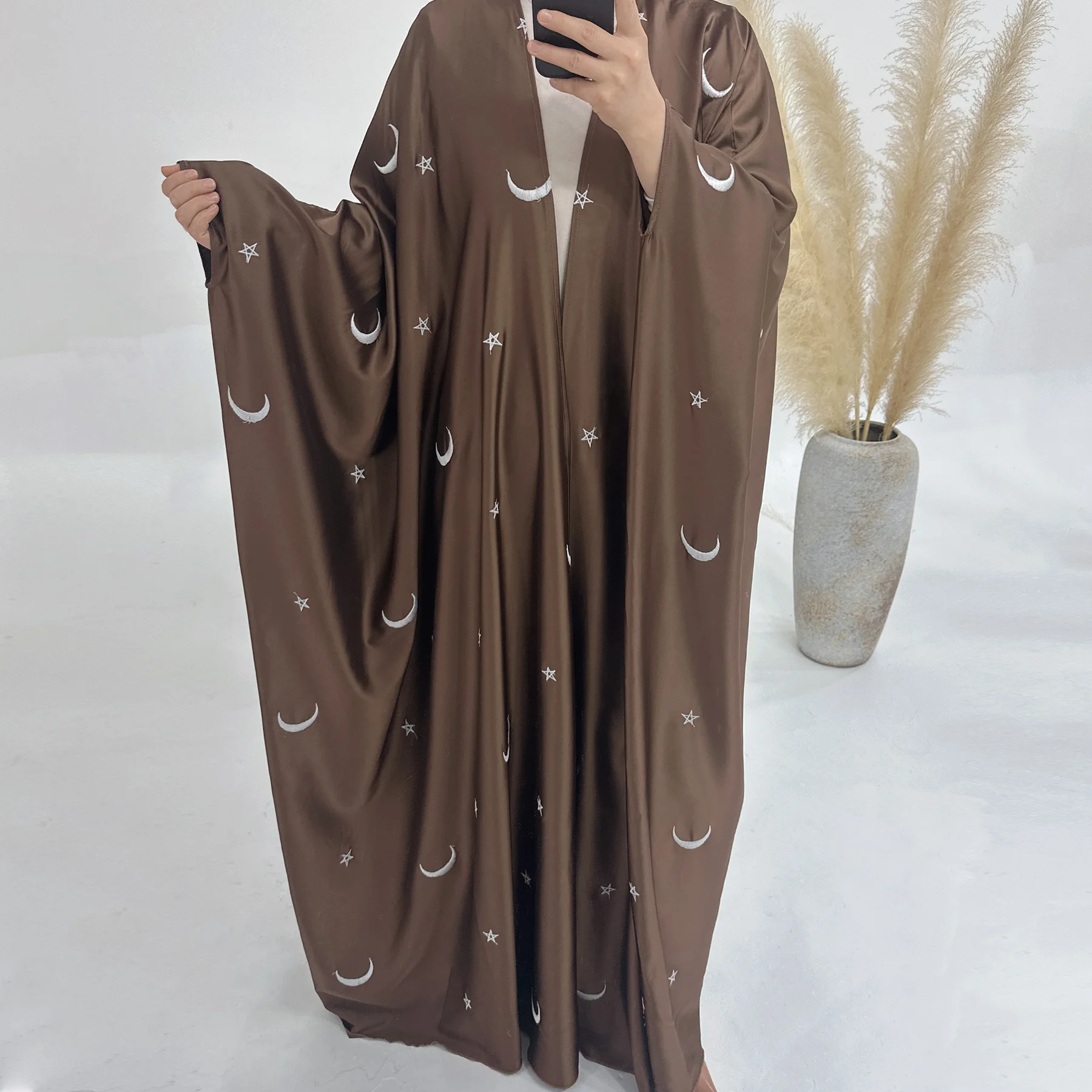 Ramadan Dubai Kaftan Moon & Star Embroidery Satin Open Abaya Kimono Muslim Women Butterfly ...