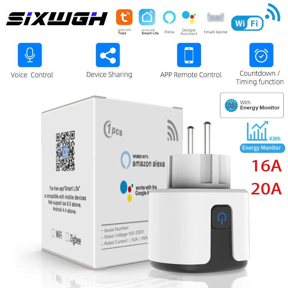 SIXWGH Tuya Smart Socket WIFI 16A/20A EU US UK AU Plug With Monitoring ...