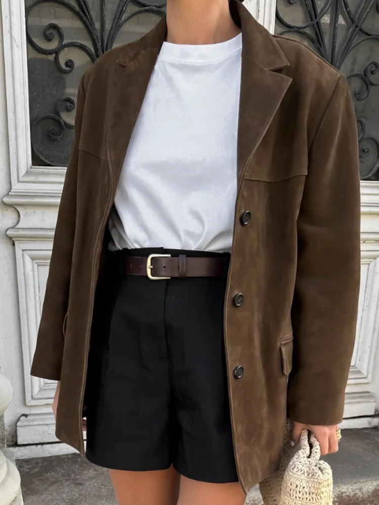 Fashion-Brown-With-Double-Pocket-Blazer-Jacket-Woman-Single-Breasted ...