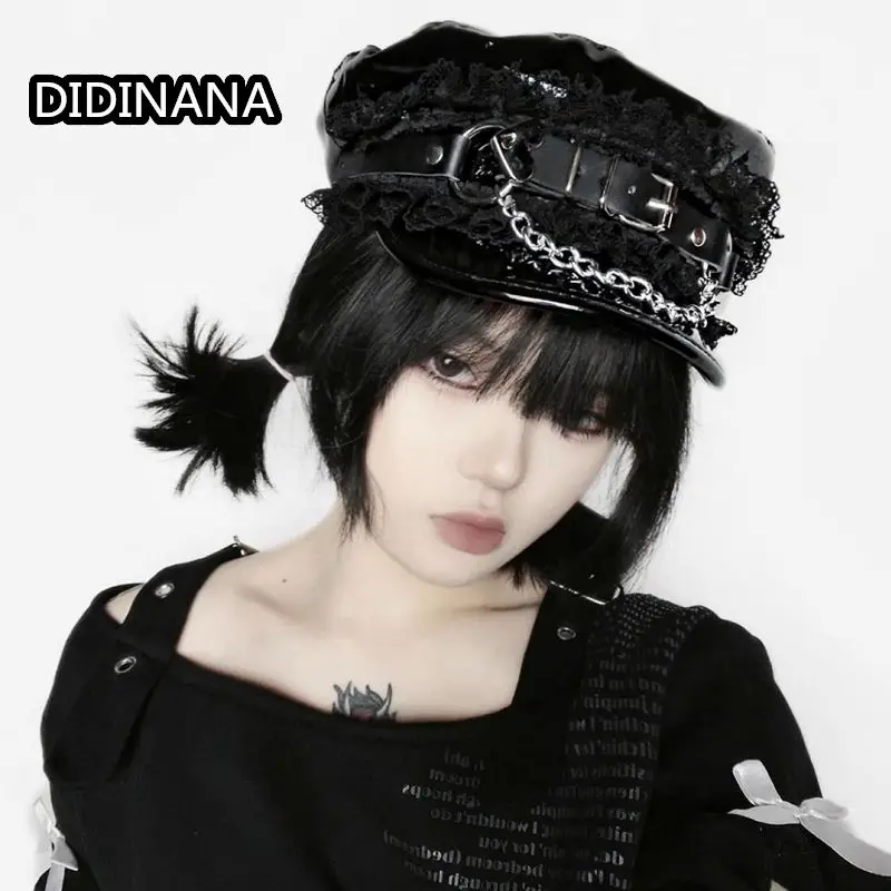 Street-clothing-Darkpunk-cap-PU-patent-leather-chain-leather-buckle ...