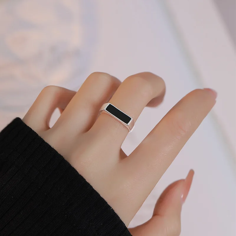 925-Sterling-Silver-Open-Finger-Ring-Simple-Square-Black-Stackable ...