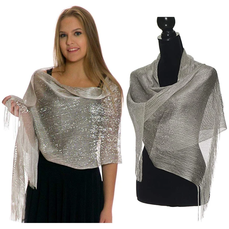 Chal de boda metálico de Color sólido para mujer, chal largo con flecos ...