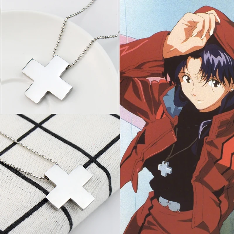 Anime Eva Katsuragi Misato Aço Inoxidável Cruz Corrente Pingente Colar ...