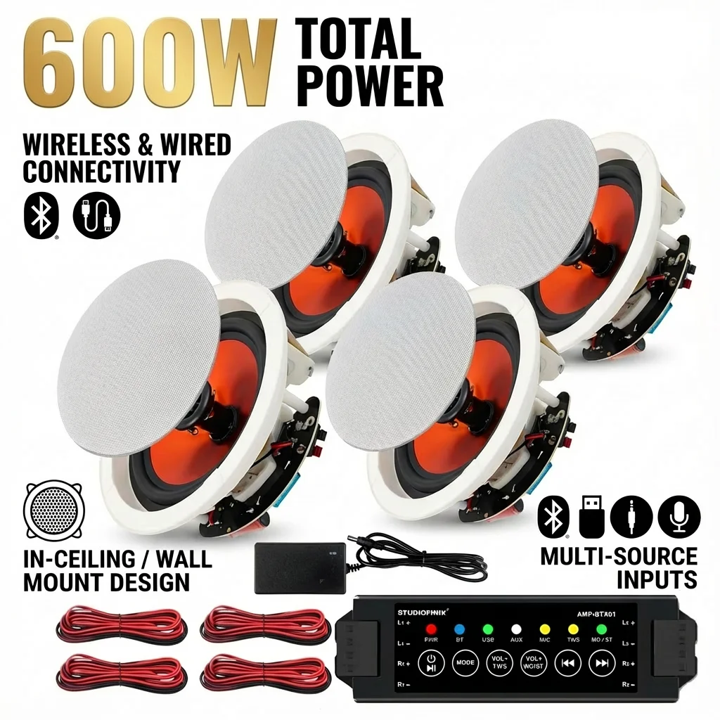 STUDIOFINIX 6.5" Bluetooth Ceiling Speakers 600W Wired Home Recessed ...