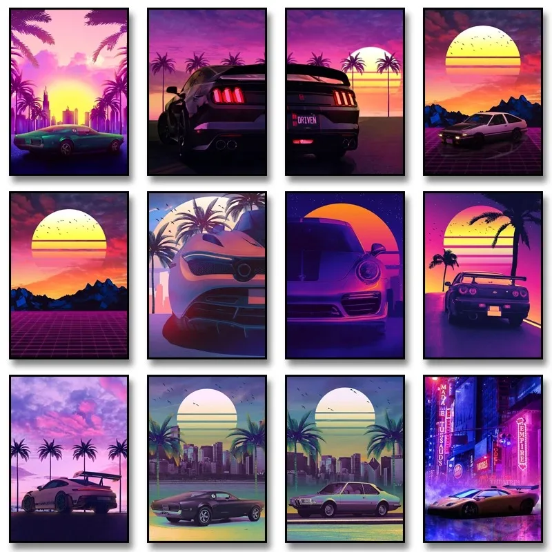 Mountain-Retro-Synthwave-Canvas-Paintings-Cyberpunk-Night-Race-Posters ...