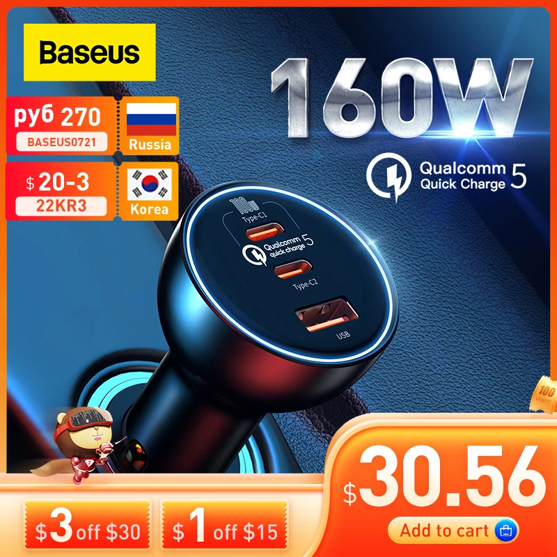 Baseus 160W Car Charger QC 5.0 Quick Charging PPS PD3.0 Fast USB Type C ...