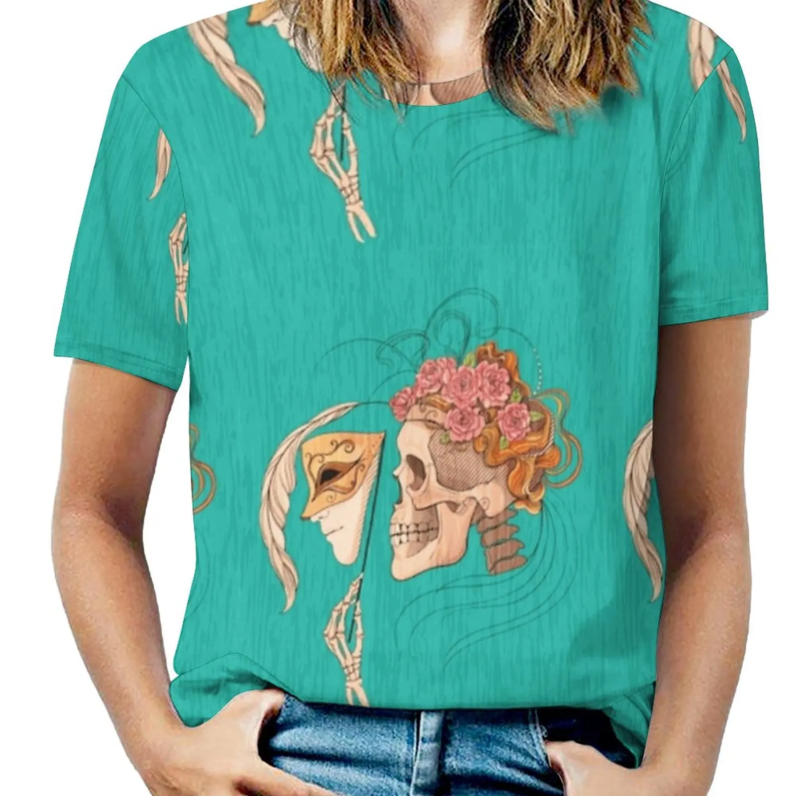 Illustration-With-Skull-Holding-A-Human-Face-Mask-Women-T-Shirt ...