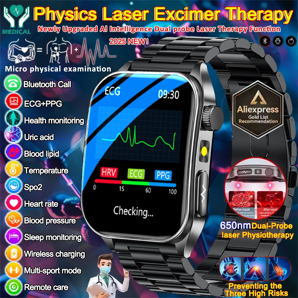 2025 neue 650nm Dual probe Laser Excimer Therapie EKG + PPG Smartwatch ...