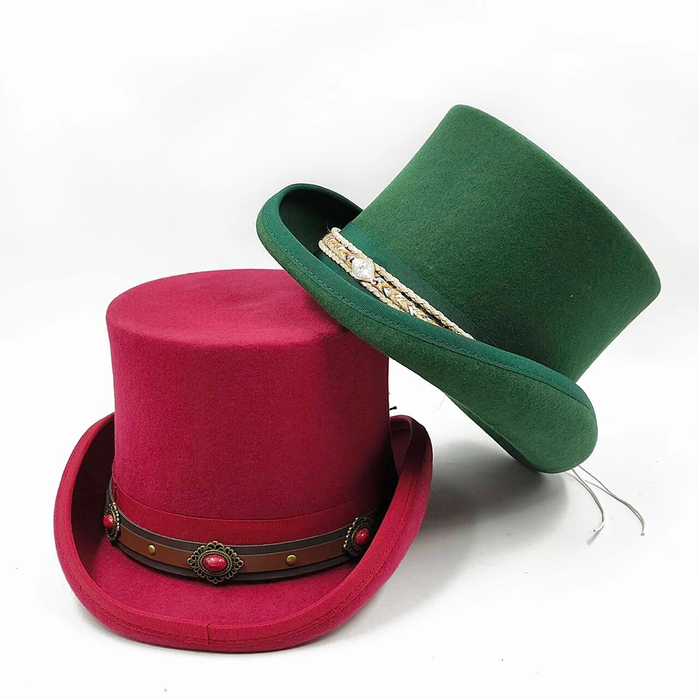 Wine Red 100% Wool Hat for Men and Women High Top Gentleman Bowler Hat ...