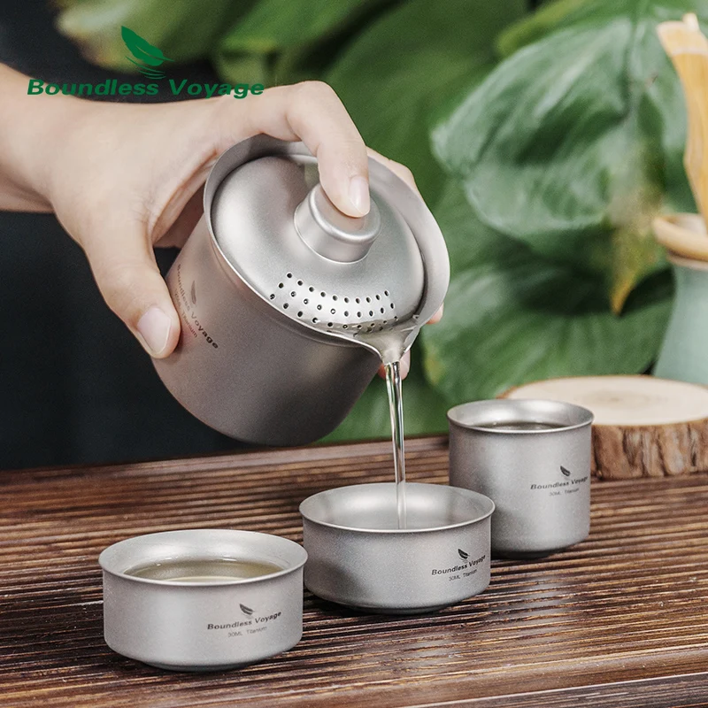 Titanium Tea Set 125ml Double-Layer Tea Pot 30ml Teacup Outdoor Camping ...