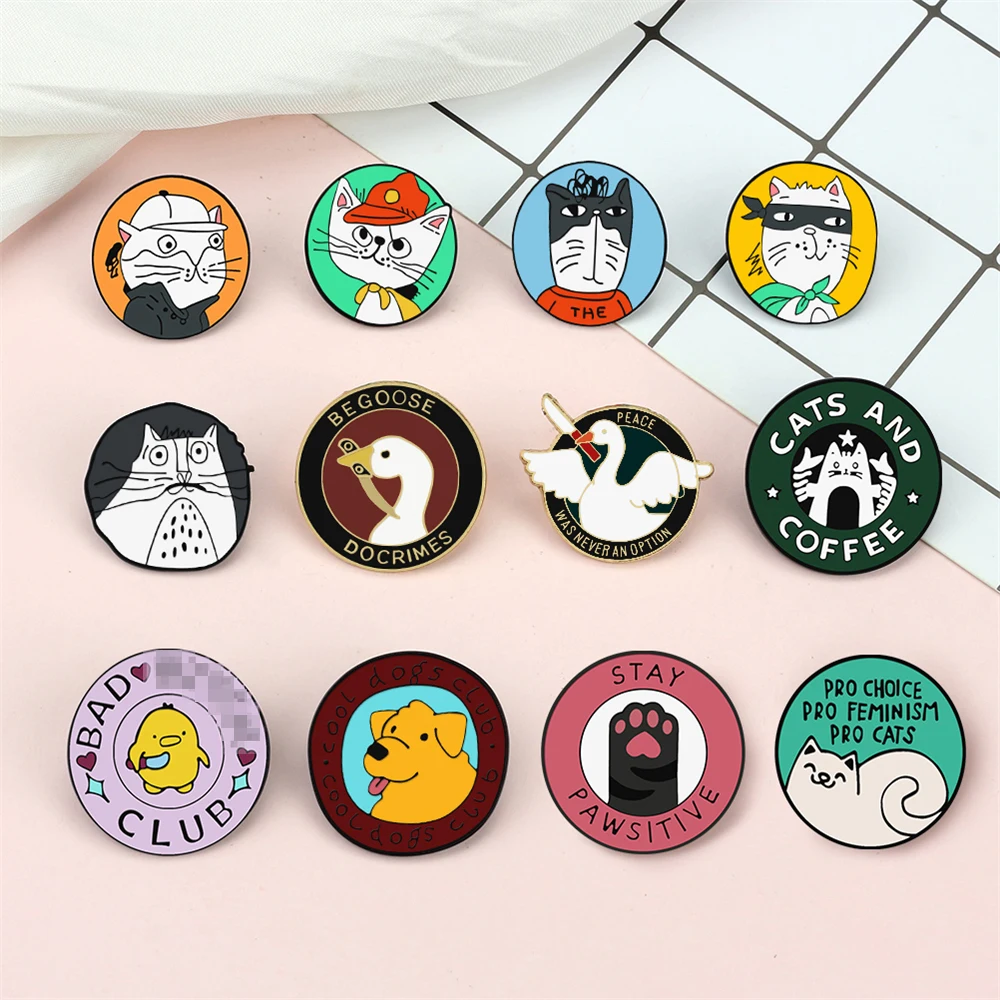 Cartoon-Animal-Round-Brooch-Cat-Paw-Dog-Duck-Goose-Lapel-Pin-Cute-Funny ...