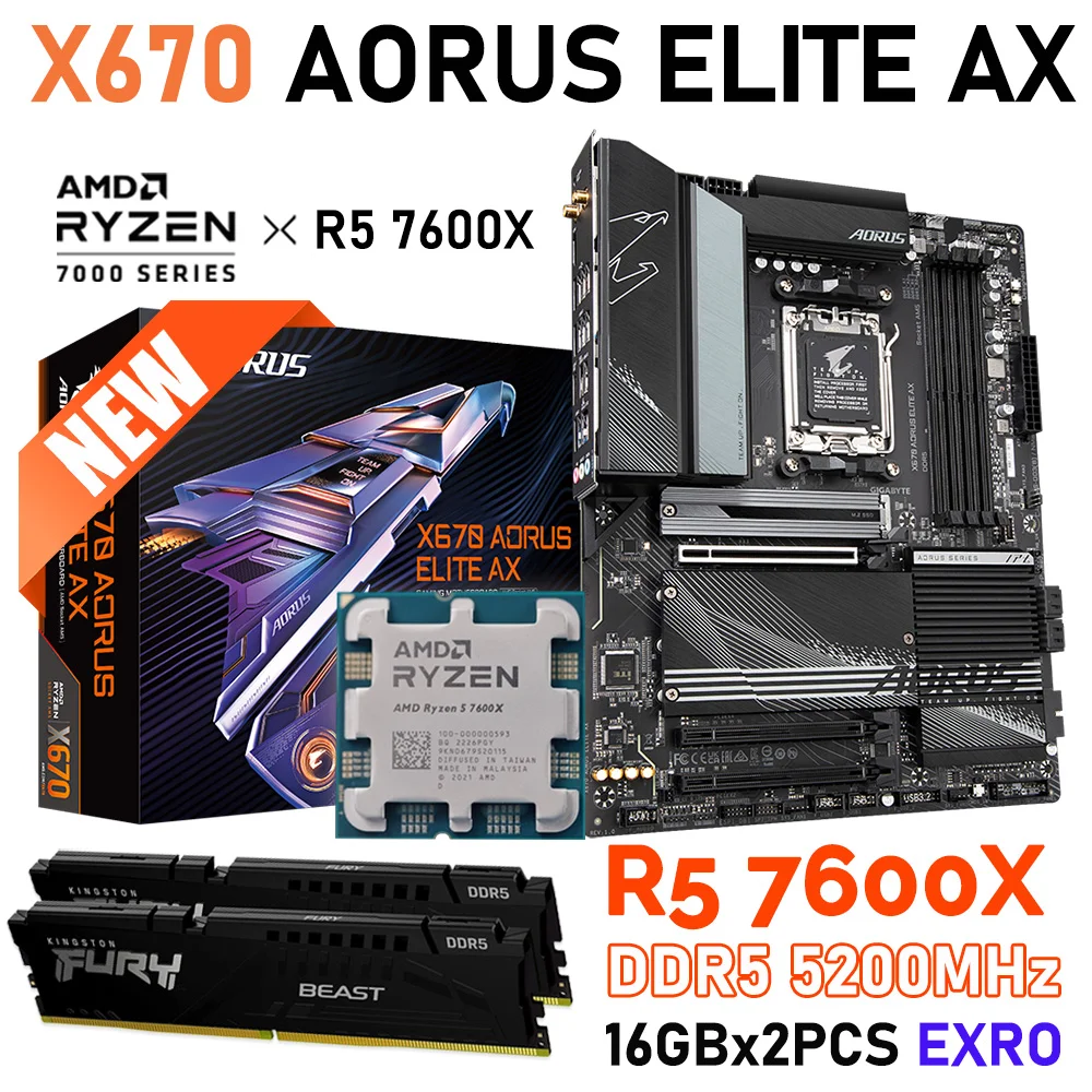 AMD 라이젠 R5 7600X AM5 프로세서 콤보, X670 AORUS ELITE AX X670 마더보드 DDR5 ...
