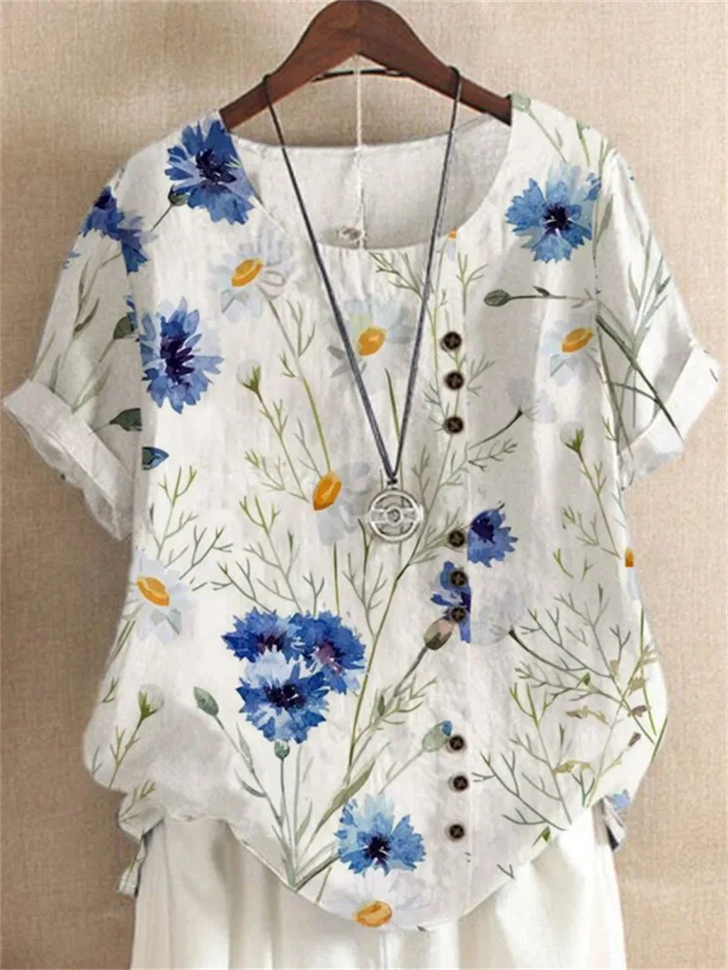 Summer Cotton Linen Printed Flower Shirt Women Casual O Neck Short ...