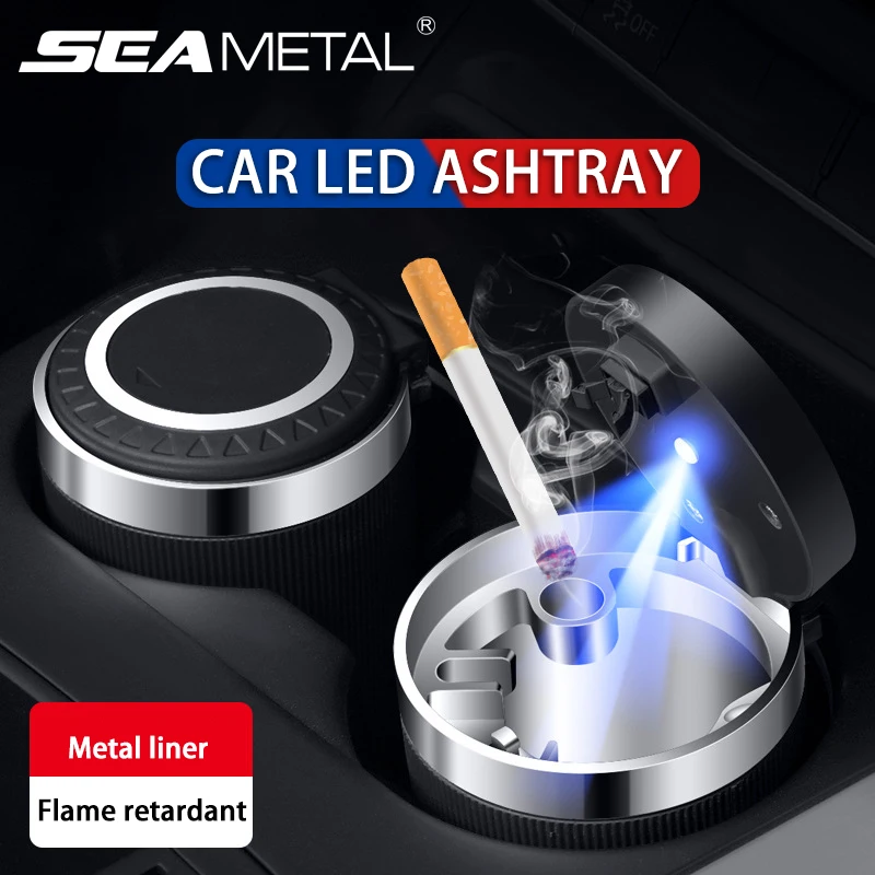 SEAMETAL-Car-Ashtray-with-Lid-Smell-Proof-Stainless-Steel-Blue-Led ...