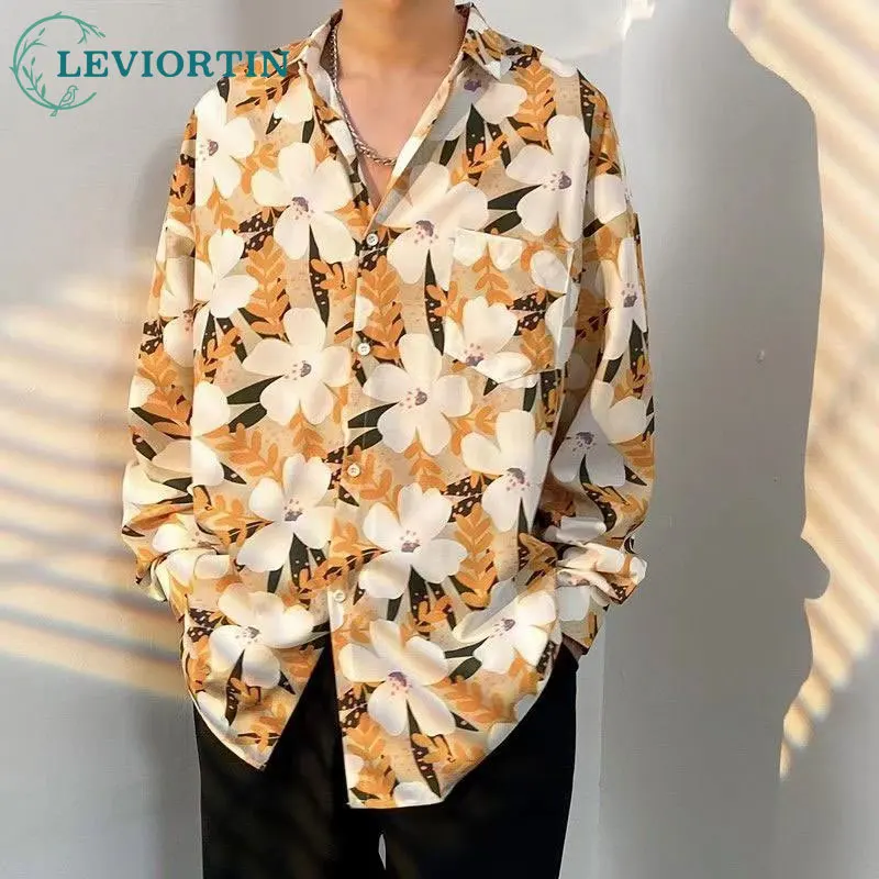 Mens Hawaiian Shirt Streetwear Hip Hop Flower Print Summer Beach Long ...