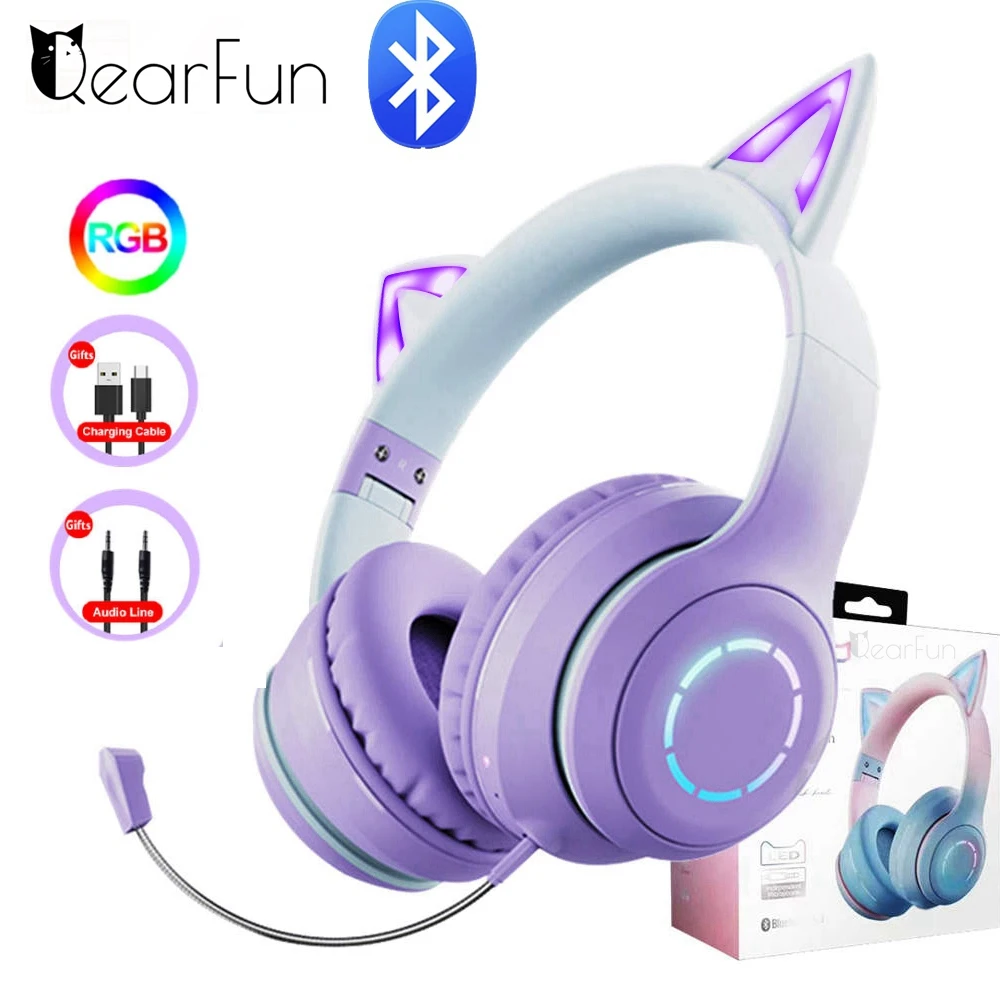 QearFun-Gradient-Pink-Cat-ear-Headphones-with-Mic-for-Kawaii-Girls-Kids ...