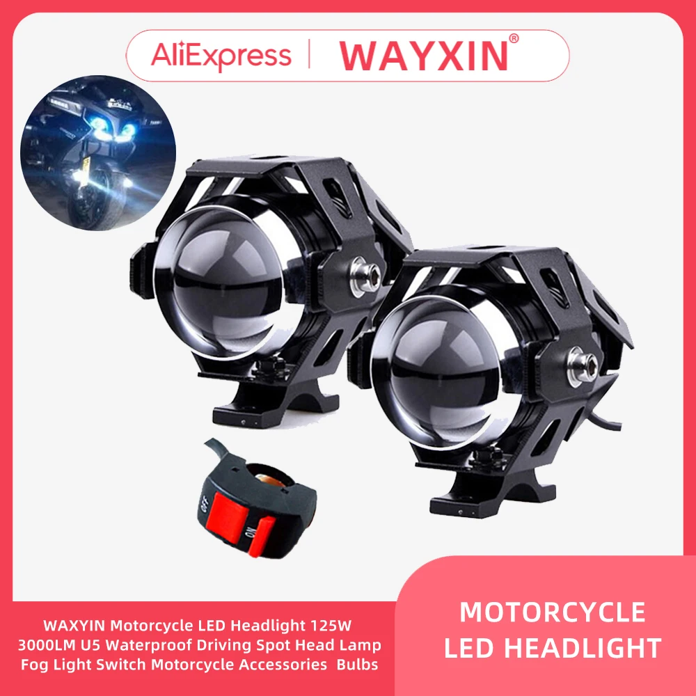 WAXYIN 오토바이 LED 헤드라이트, 주행 스폿 헤드 램프, 안개등 스위치, 오토바이 액세서리 전구, U5 방수, 125W ...