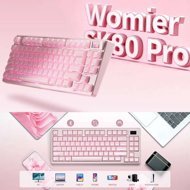 Womier SK80 Pro Pink Wireless Gaming Keyboard 3-Modes Bluetooth/2.4G ...