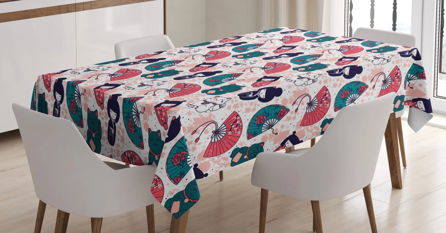 Japanese-Cat-Tablecloth-Items-Maneki-Neko-Geisha-Fan-Printed-Fabric ...