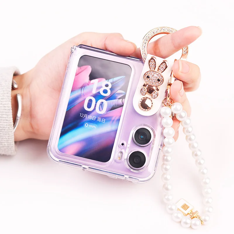 For-OPPO-Find-N2-Flip-Case-Clear-with-strap-Cute-Rabbit-Pearl-Bracelet ...