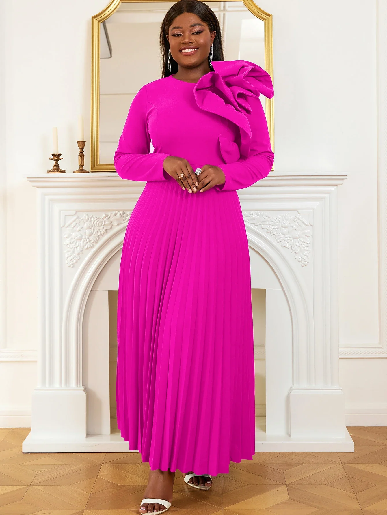 2024-New-Women-Vintage-Applique-Dresse-Long-Sleeve-Modest-Pleated-A ...