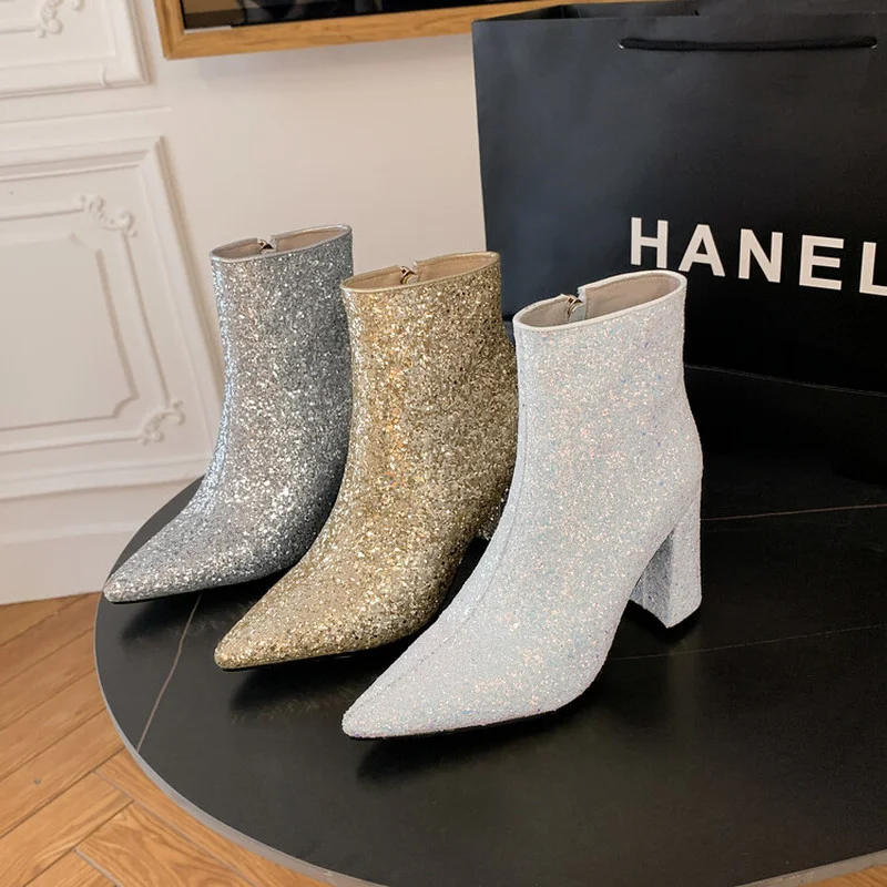 Botas-plateadas-con-purpurina-para-mujer-botines-de-tela-con ...