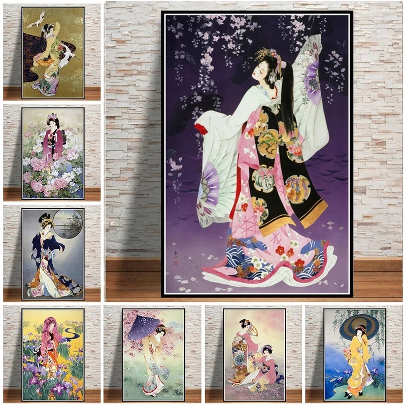 Hot Japan Japanese Geisha Woman Painting Art Poster Printed Art Canvas ...