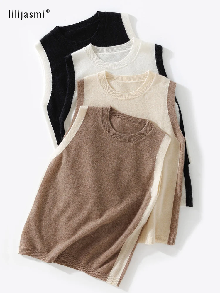 Vrouwen-35-Kasjmier-O-hals-Gebreide-Vest-Kant-Patchwork-Mouwloze-Trui ...