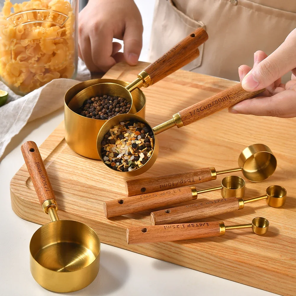 1/4Pcs Wooden Handle Stainless Steel Measuring Cups Spoons Baking Tools ...