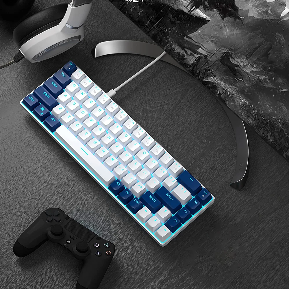 White Blue 65 Percent 68 Keys Ice Blue Backlit Wired Mechanical ...