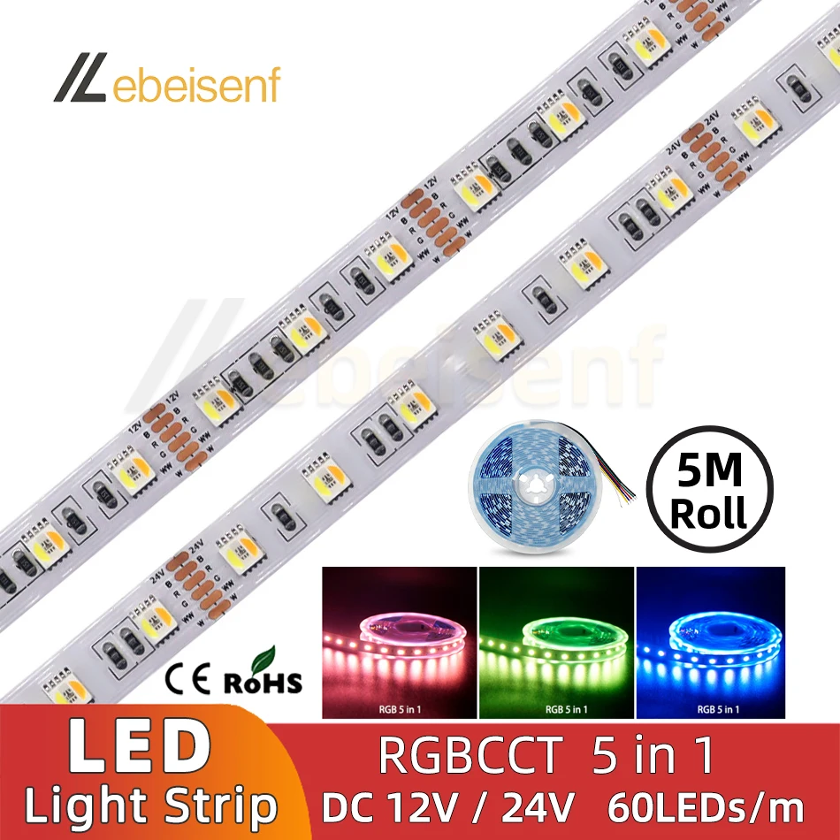 5m/lot RGB CCT RGBWW LED Strip Light DC 12V / 24V 5 Color in 1 5050 SMD ...