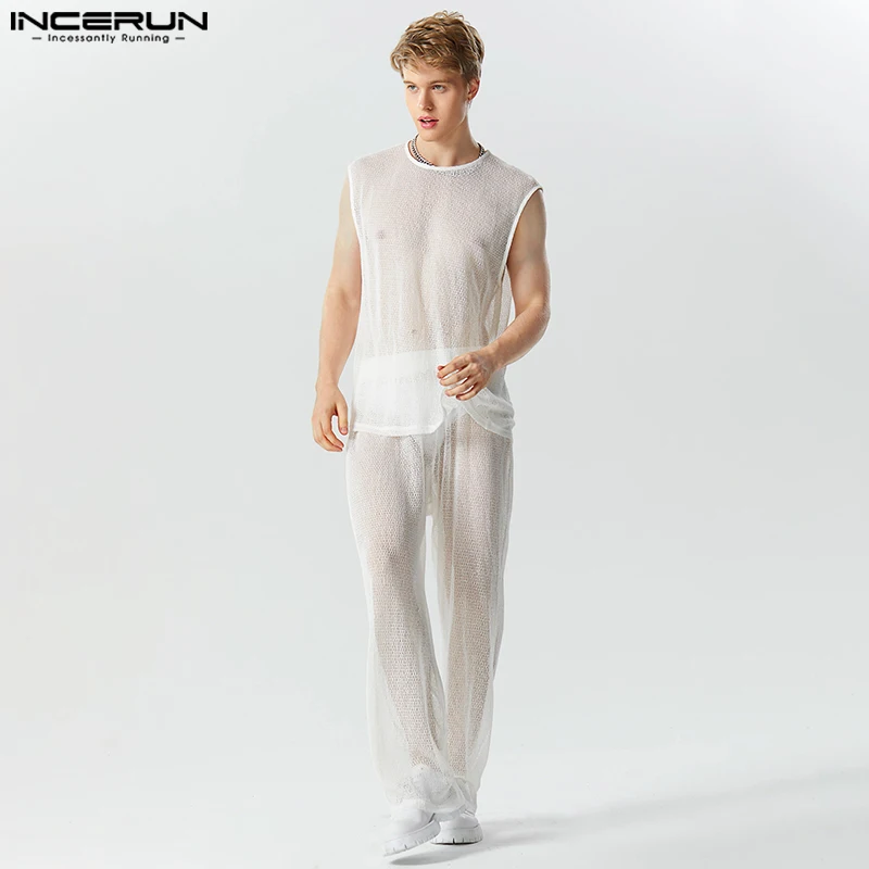 Men-Sets-Streetwear-Mesh-Transparent-O-neck-Sleeveless-Tank-Tops-Pants ...