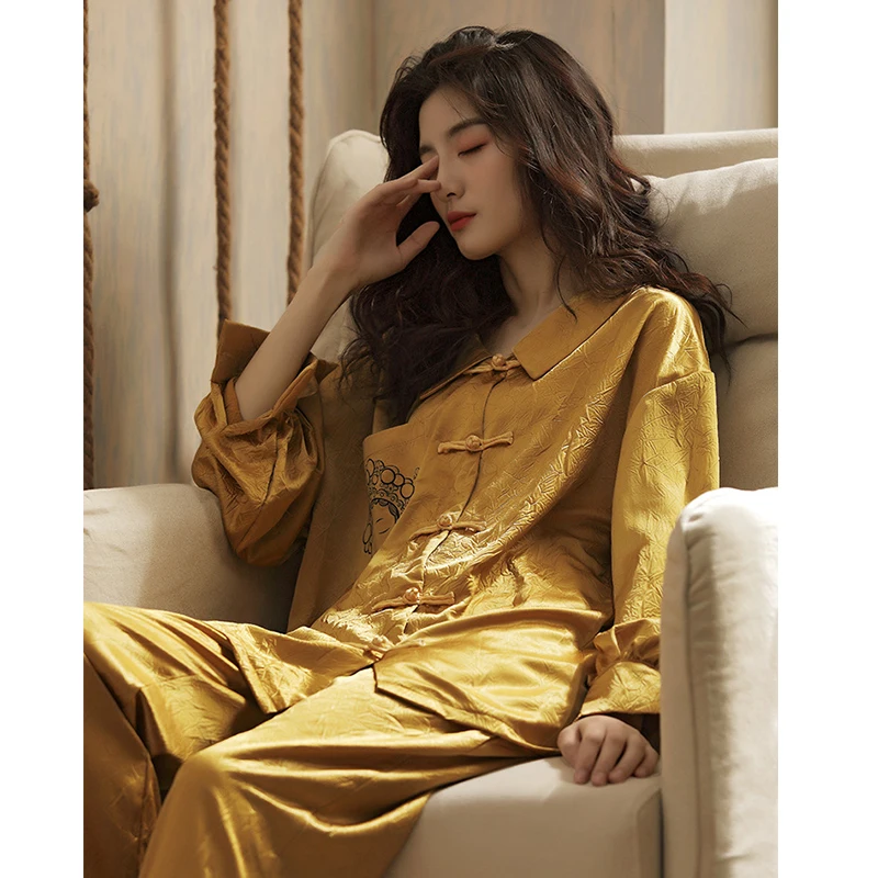 Chinese-Style-Gold-Pajamas-Set-2-Pieces-Set-Long-Sleeve-Spring-Ladies ...