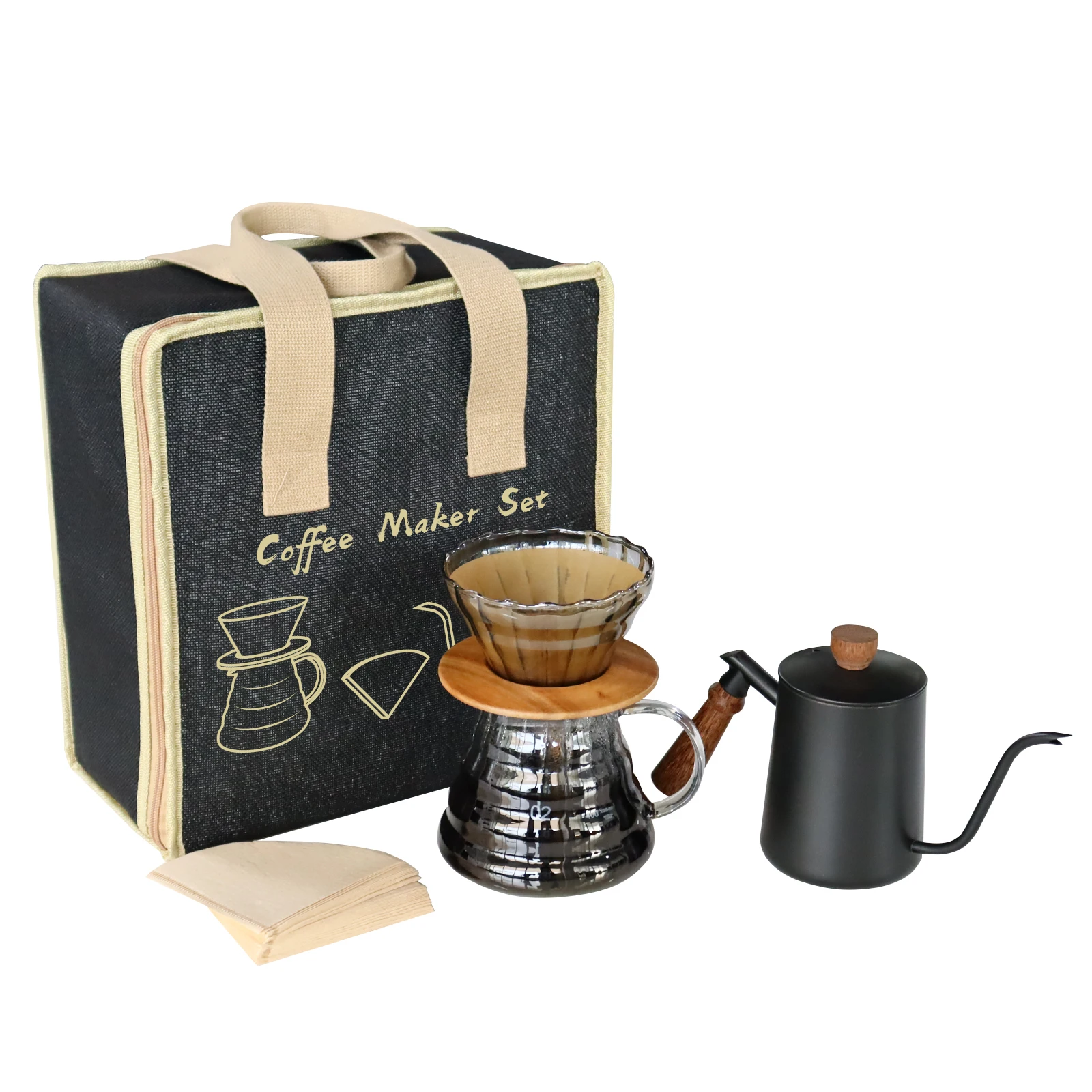 V60 Pour Over Coffee Maker Set With Black Gooseneck Kettle Wooden ...