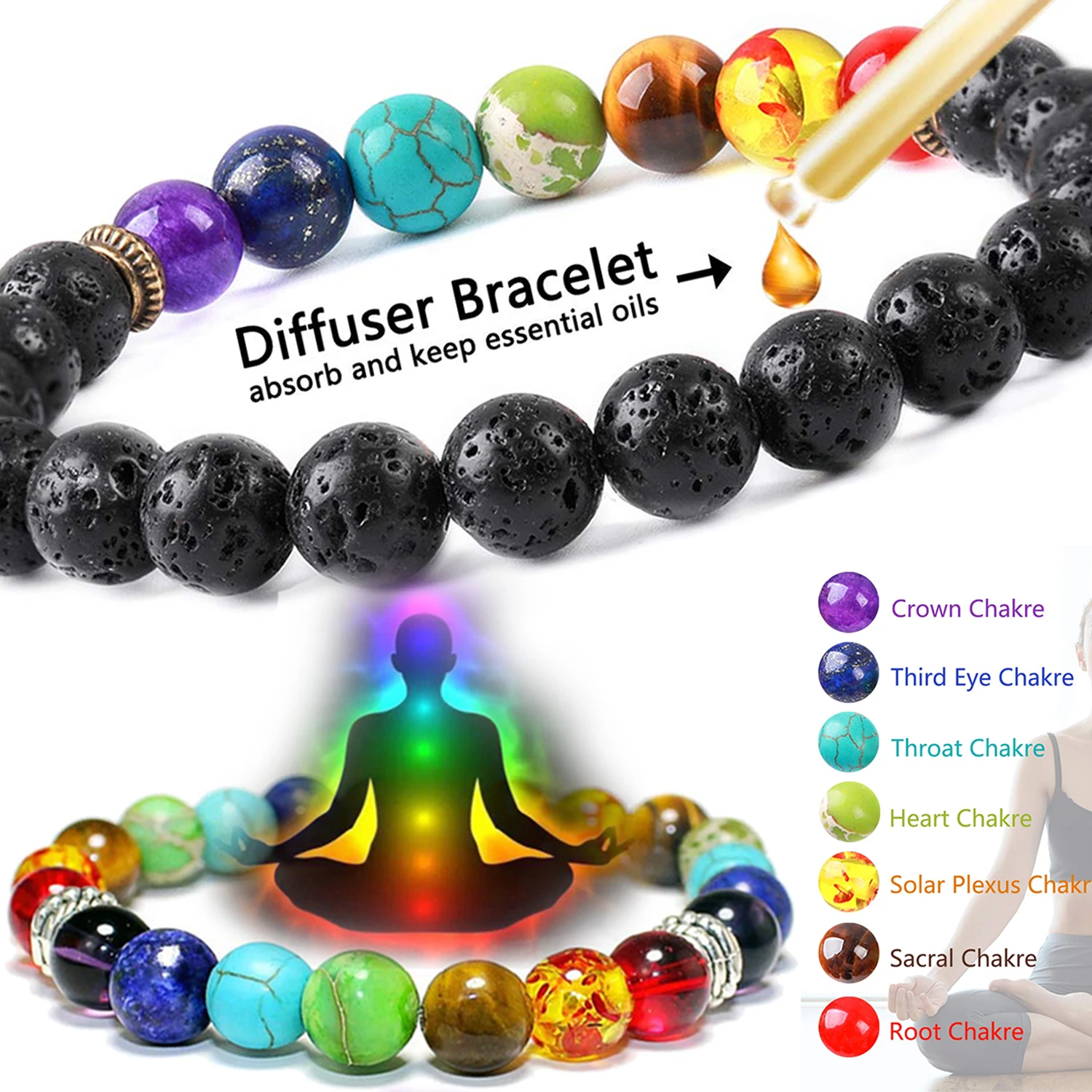 7 Chakra Beads Bracelet Natural Stone Black Rope Braided Yoga Reiki ...