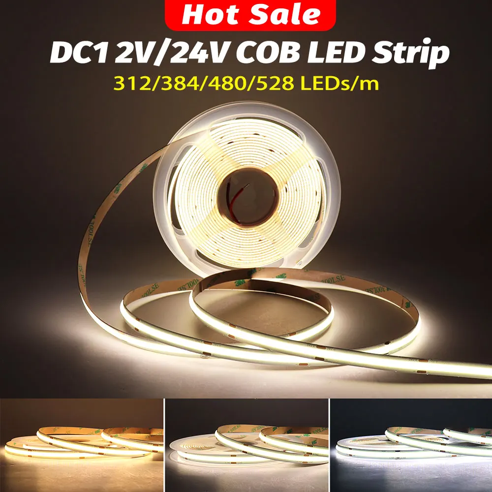 5m-10m-Flexible-12V-24V-LED-COB-Strip-Light-Bar-3000K-4000K-6000K-White ...