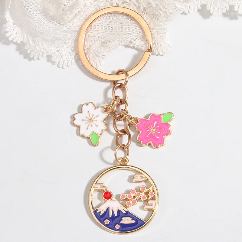 Cartoon Keychain Japan Fuji Mountain Sakura Flower Key Ring Enamel Key ...