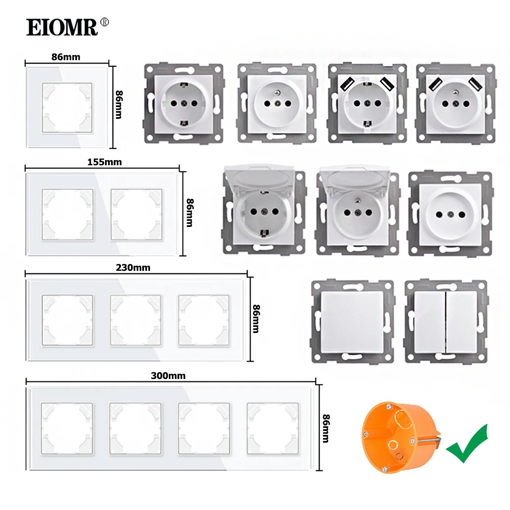 EIOMR-EU-Standard-Wall-Power-Sockets-White-Crystal-Glass-Panel-16A-Usb ...