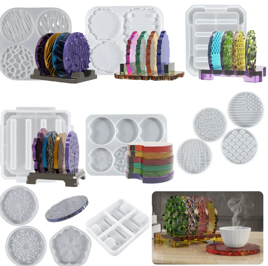 DIY Epoxy Cup Mats Resin Mold Set Concrete Crystal Round Square Coaster ...