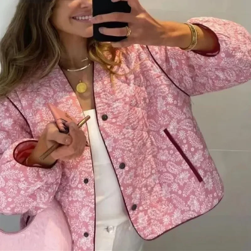 Retro-Winter-Pink-Flower-Print-Quilted-Coat-Ethnic-Women-V-neck ...