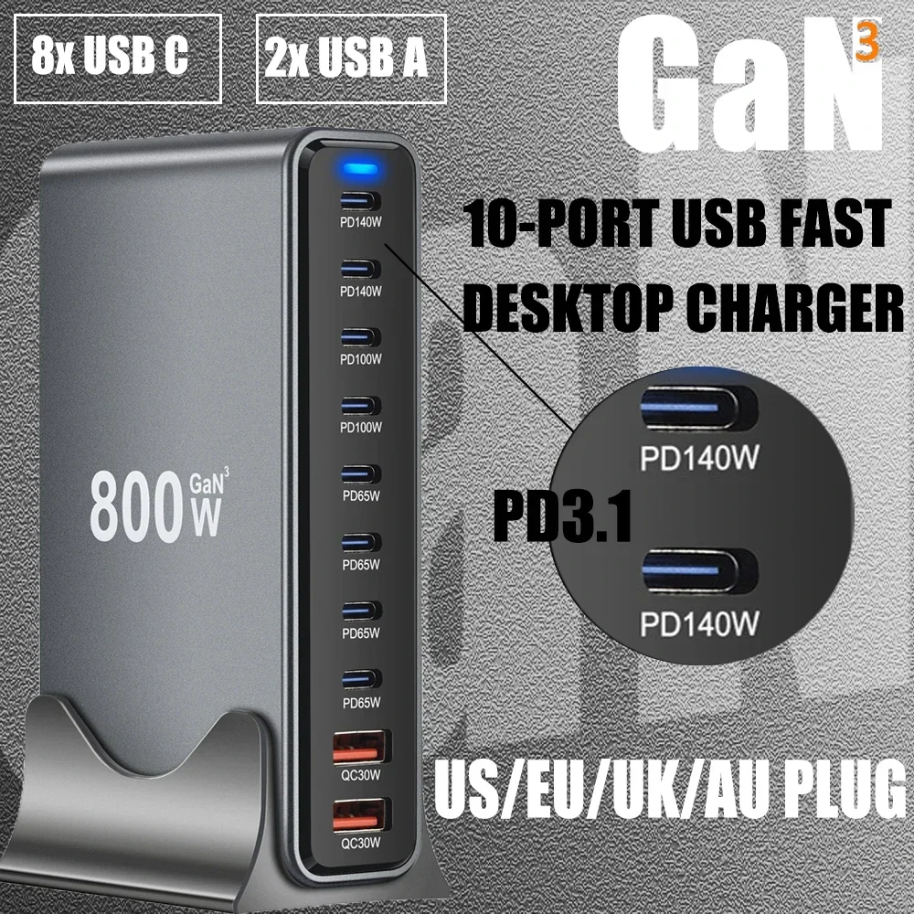 800W GaN Multi-Ports Desktop Charging Station 10 In 1 QC USB C Charger ...